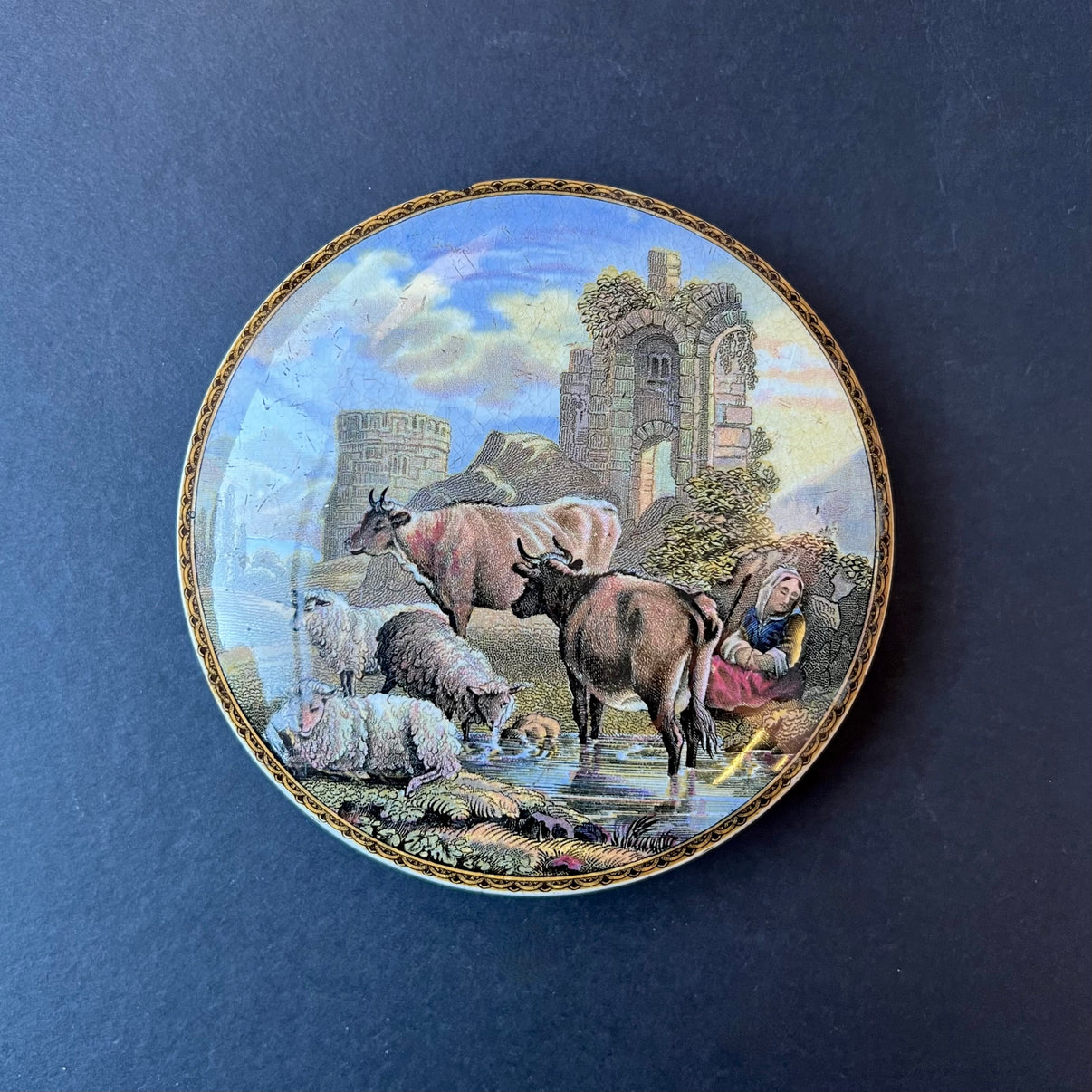 Mid to late 19th Century Victorian Prattware Pot Lid- "Cattle and Ruins ...
