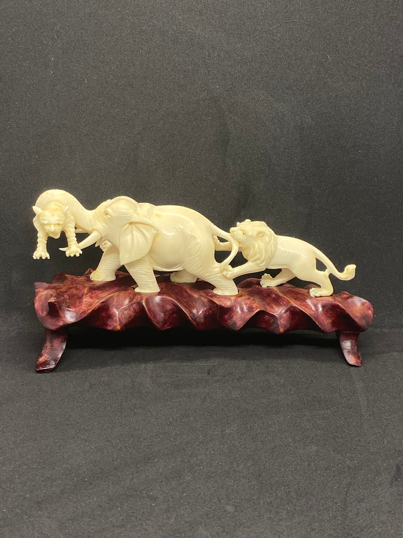 Large Antique Ivory Piece Depicting Two Lions and an Elephant | Cache ...